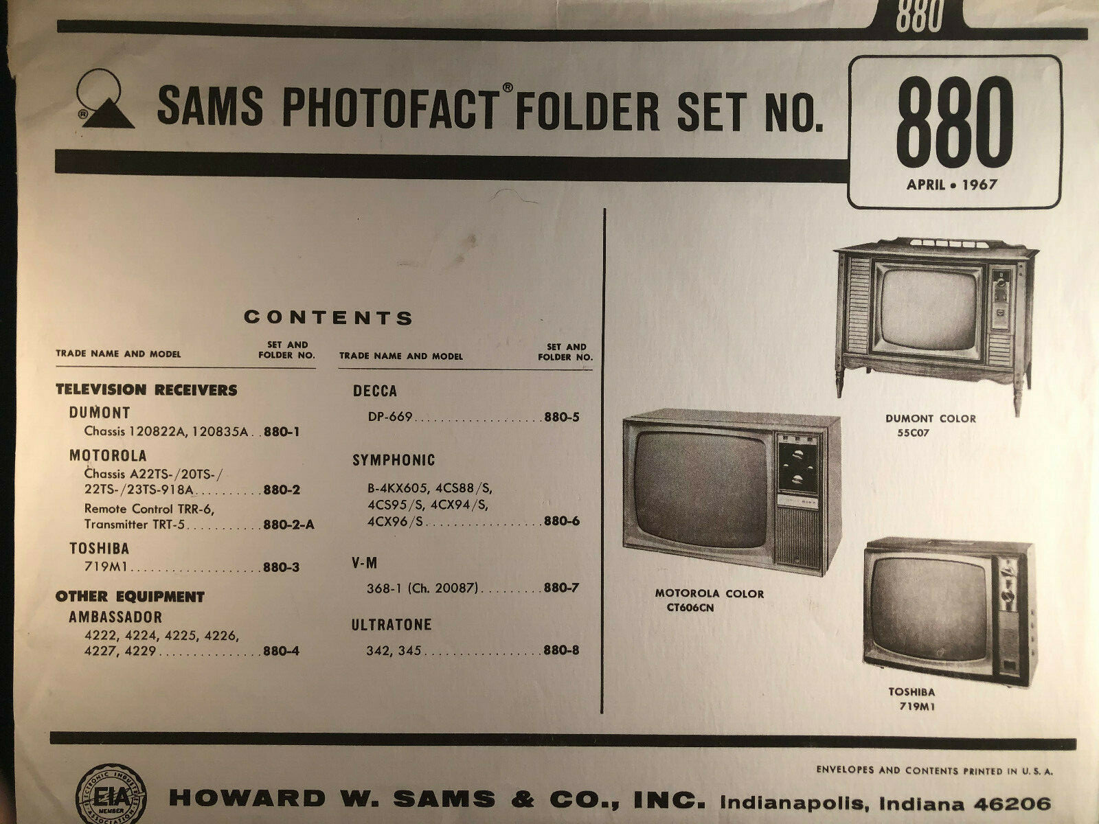 SAMS PHOTOFACT FOLDER SET NO. 880, 1967, SCHEMATICS & SERVICE MANUALS ...