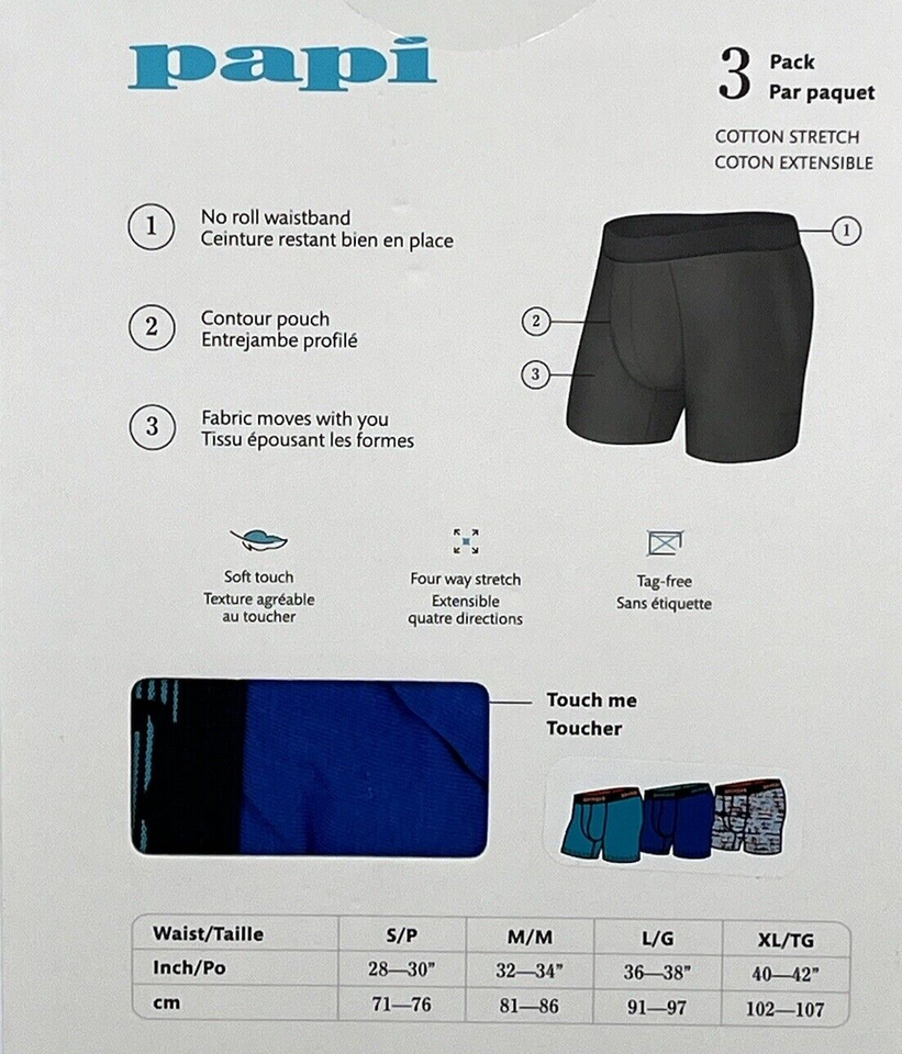 Papi Men's Boxer Briefs Cotton Stretch Large (36-38) 3-Pair Blue/Print ...