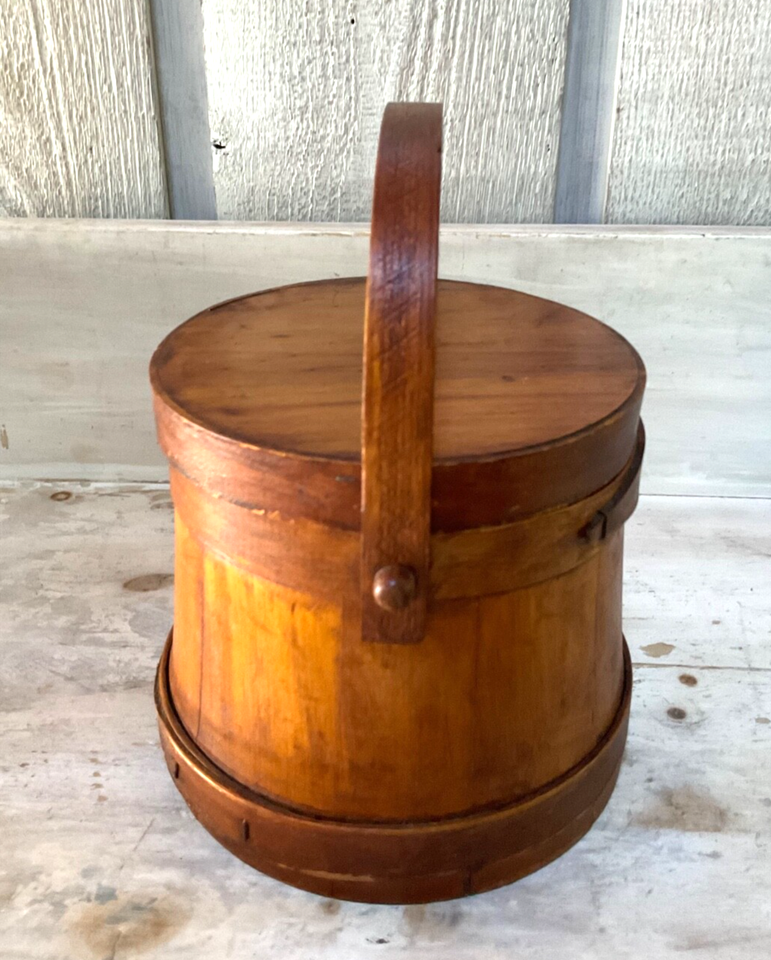 Antique primitive small 6-1/2" Wooden Firkin Sugar Bucket w/swing ...