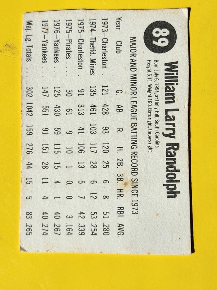 1978 Hostess Baseball Card • Willie Randolph #89 New York Yankees | eBay