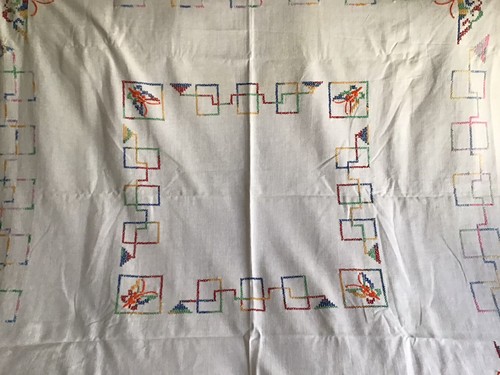 Linen Tablecloth Vtg Cross Stitch Embroidery Butterfly 45” X 45” | eBay UK