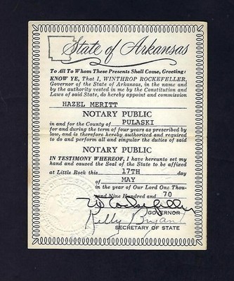 1970 Arkansas Notary Public Certificate, Governor Winthrop, State Seal ...