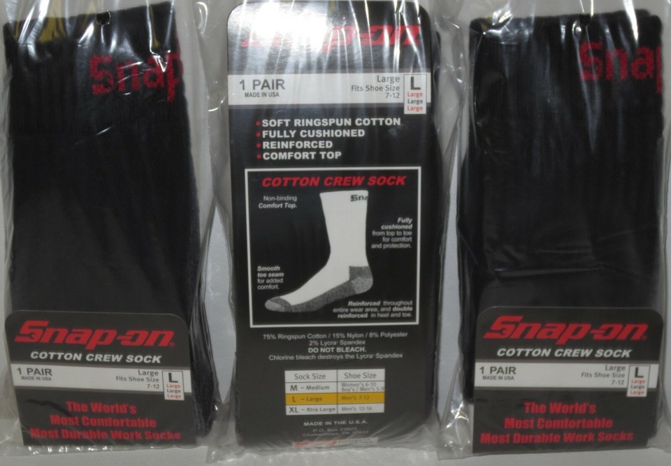 12 Snap-On CREW Socks BLACK LARGE ~ FREE SHIPPING ~ MADE IN USA 12 ...