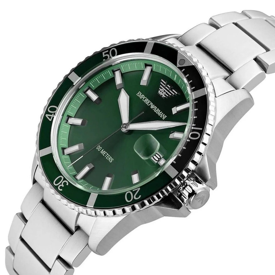 EMPORIO ARMANI MENS WATCH DIVER AR11338 STAINLESS STEEL SILVER & GREEN TONE NEW | eBay