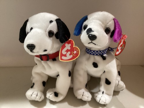 Ty DIZZY Dalmatian Beanie Babies x2 - 1 w/RARE Colored Ears/Black Spots ...