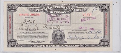 $500.00 SERIES OF 1939 POSTAL SAVINGS SYSTEM CERTIFICATE PAID NEW HAVEN ...