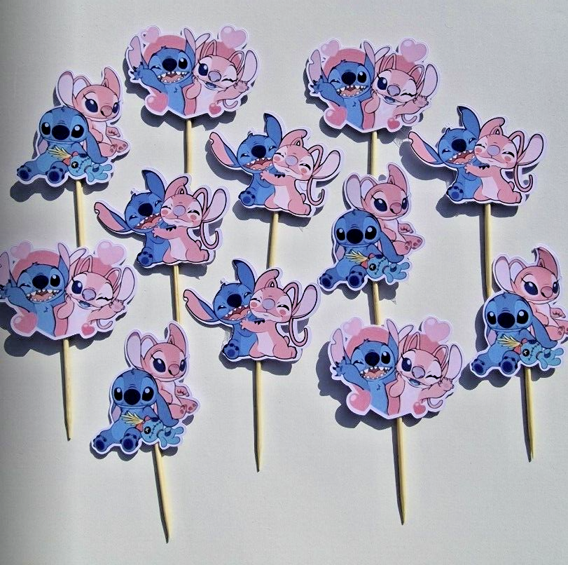 Stitch And Angle Cupcake Toppers x 12 Cake Toppers Birthday Decorations ...