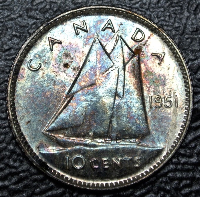 OLD CANADIAN COIN 1951 - 10 CENTS - .800 SILVER - George VI - Rainbow ...