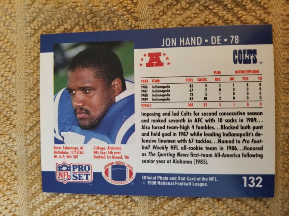 Jon Hand Indianapolis Colts Defensive End. Pro Set 1990 | eBay