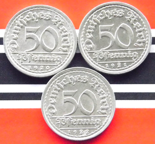 GERMAN Coin 3x 50 PFENNIG 1920 1921 1922 J Aluminum WEIMAR REPUBLIC ...