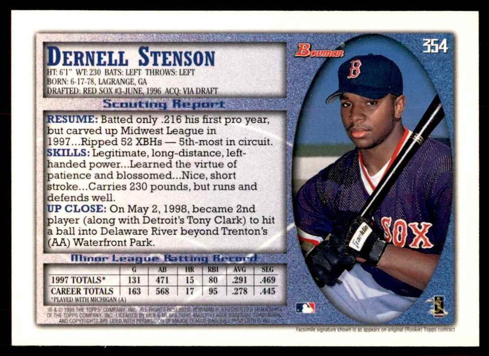 1998 BOWMAN DERNELL STENSON BOSTON RED SOX #354 | eBay