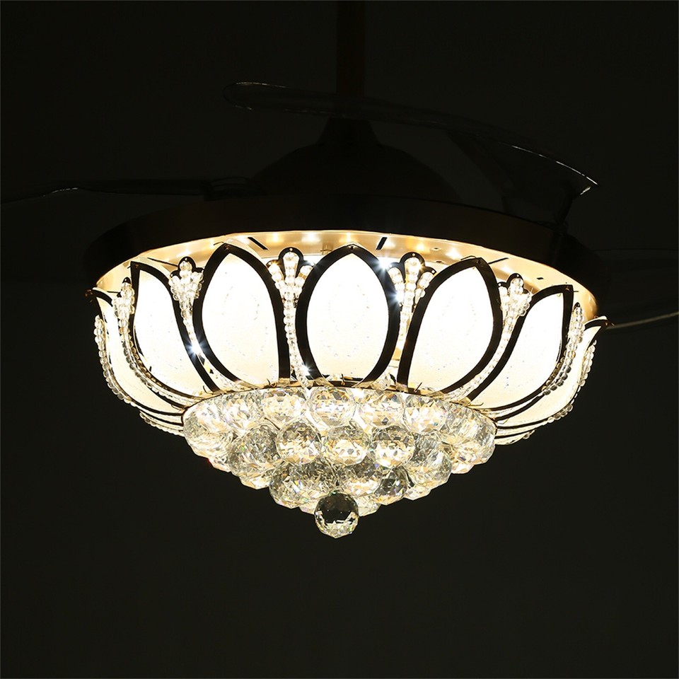 42" Crystal LED Chandelier Light Invisible Ceiling Fan Lighting Lamp ...