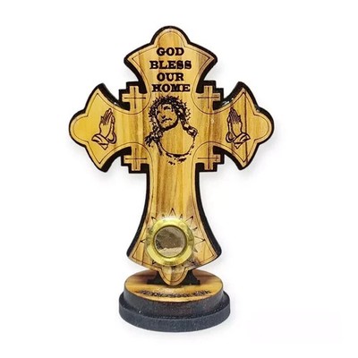 Olive Wood god bless our home Cross on Stand Laser Cut Graved with ...