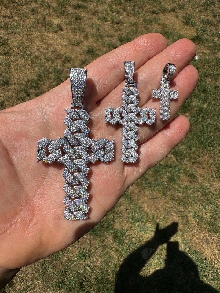 MOISSANITE Prong Miami Cuban Link Cross Pendant - 925 Silver Necklace 3 ...