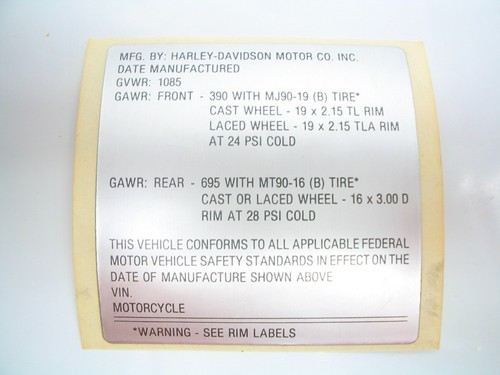 NOS Harley Frame Tag Identification Label Shovelhead Superglide FXR ID ...