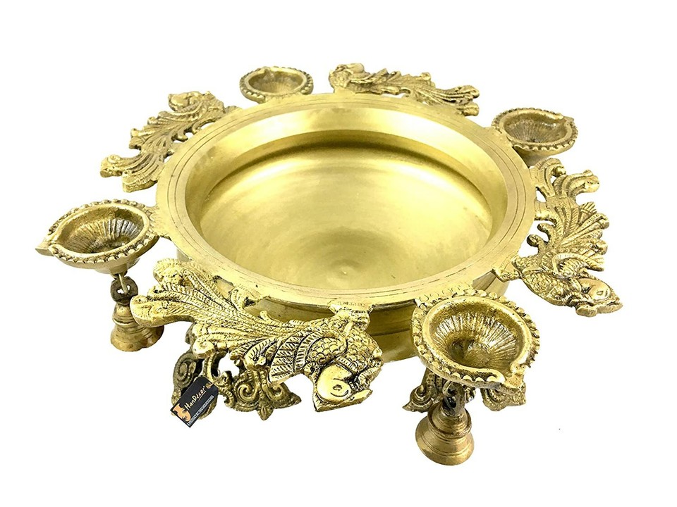 Brass Uruli Peacock Design Urli with 4 Diyas (Yellow_13.5 In X 13.5 In ...