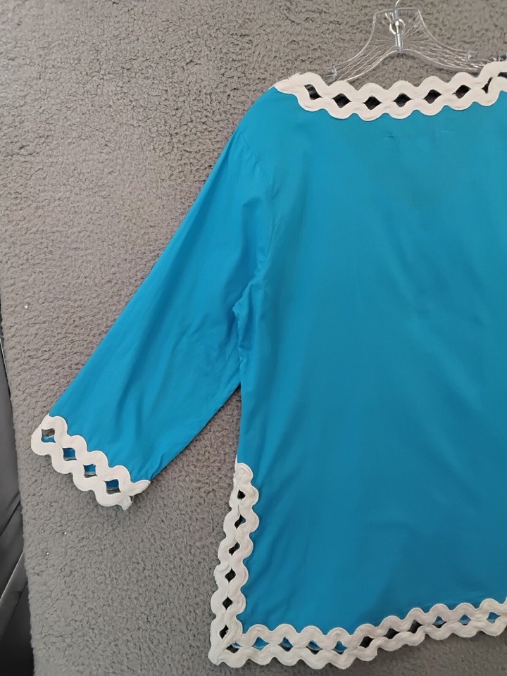 GRETCHEN SCOTT DESIGNS Blue White Lattice Trim Tunic Top Women’s Large ...