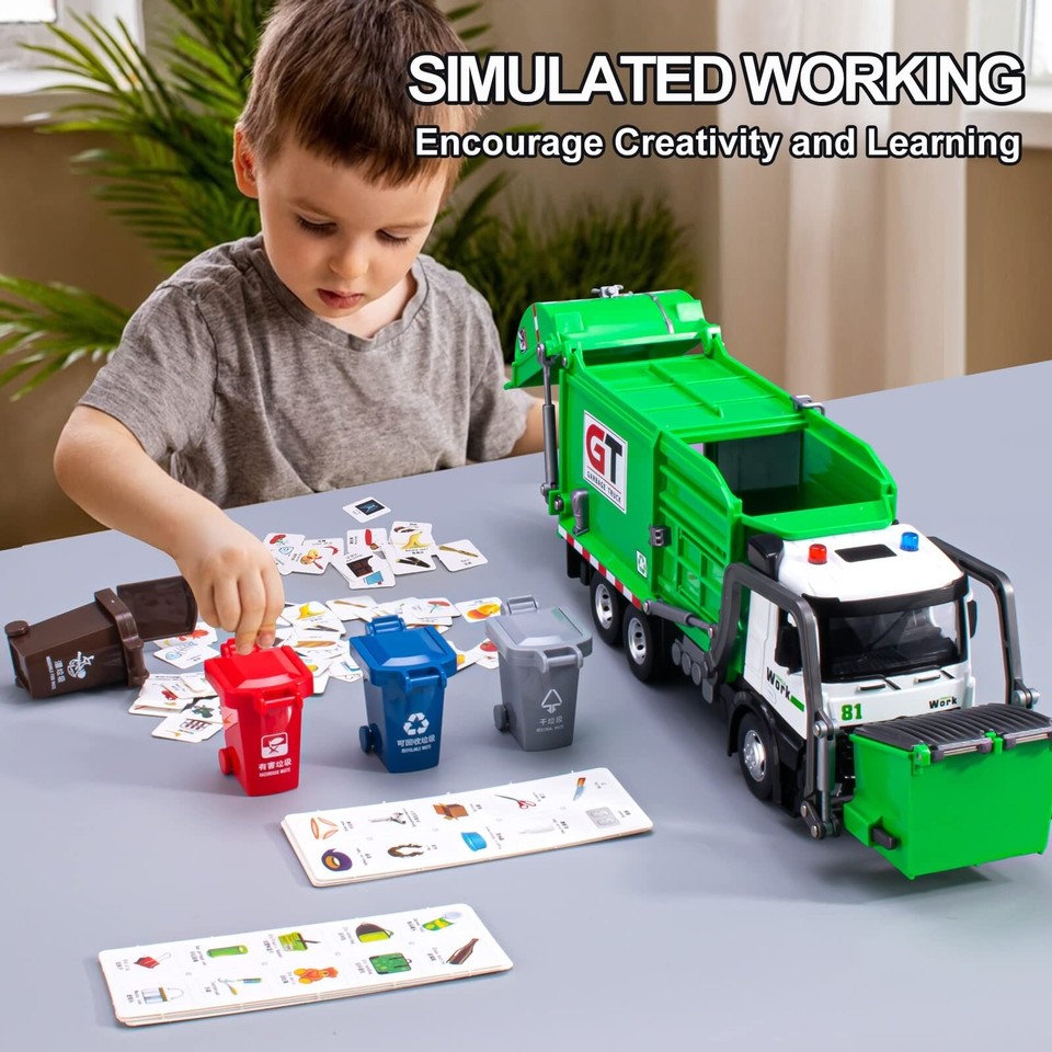 Garbage Truck Toys Metal Cab, Realistic Trash Truck Toys for Boys with ...