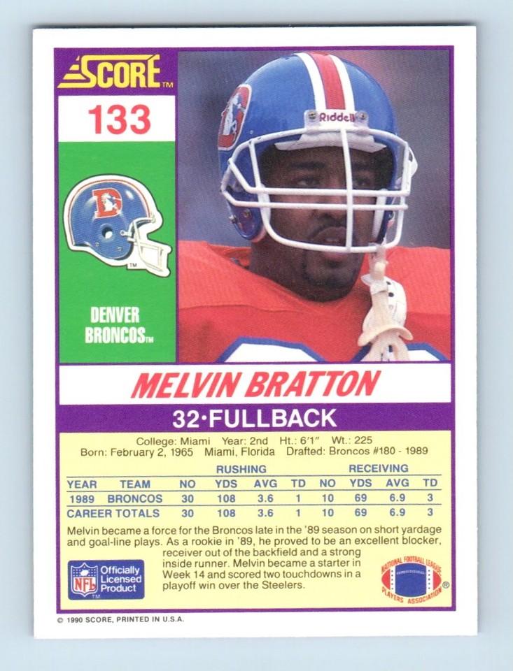 1990 Score Melvin Bratton Rookie Denver Broncos #133 | eBay