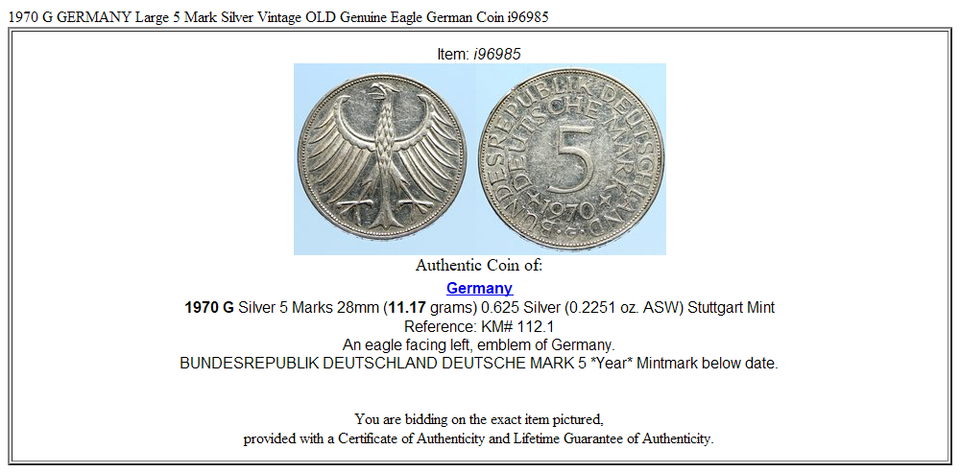 1970 G GERMANY Large 5 Mark Silver Vintage OLD Genuine Eagle German ...