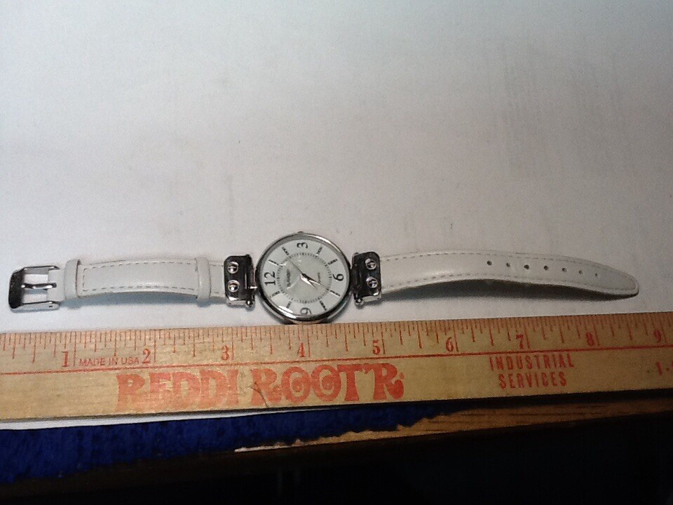 Ladies Embassy White Dail White Faux Leather Buckle Band Quartz Watch ...