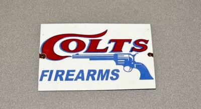 VINTAGE 12” COLTS FIREARMS GUN HUNT FISH BOAT PORCELAIN SIGN CAR GAS ...