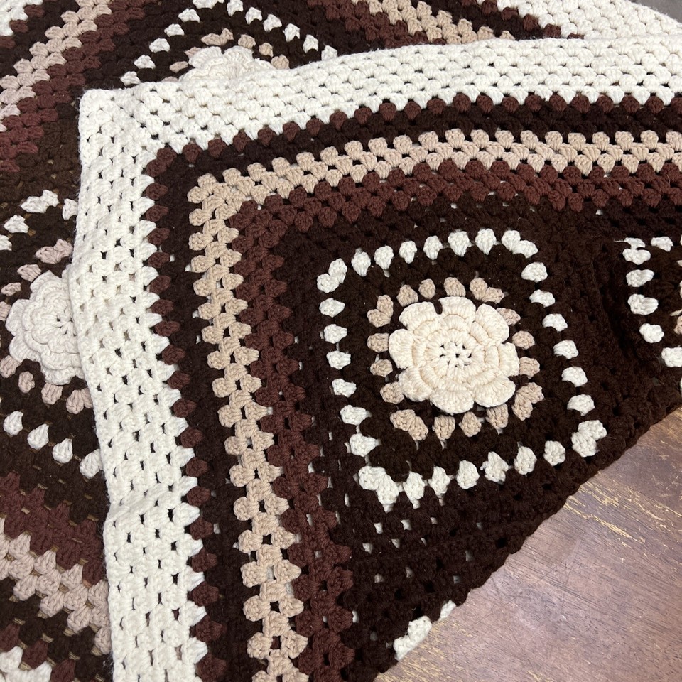Vintage Retro Handmade Floral Crochet Blanket Throw Afghan Brown Beige ...