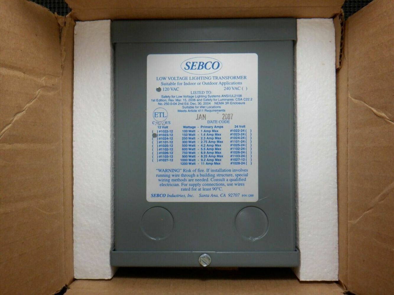 SEBCO 12 Low Voltage Lighting Transformer 120v Input 1107 for sale ...