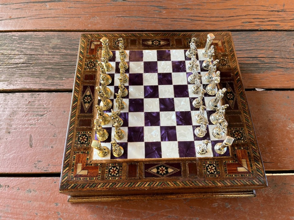 Pearl Chessbox w Handmade Chess Set - Metal Chess Pieces - Purple Chess ...