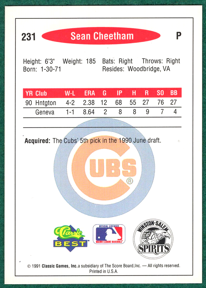 Sean Cheetham - 1991 Classic Best #231 - Winston-Salem Spirits Baseball ...