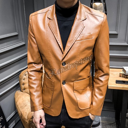 Men Two Button Blazer Faux Leather Jacket Slim Business Coat Casual ...