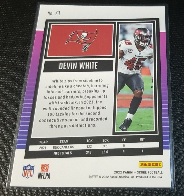 2022 Panini Score Football DEVIN WHITE Base Card #71 Tampa Bay ...
