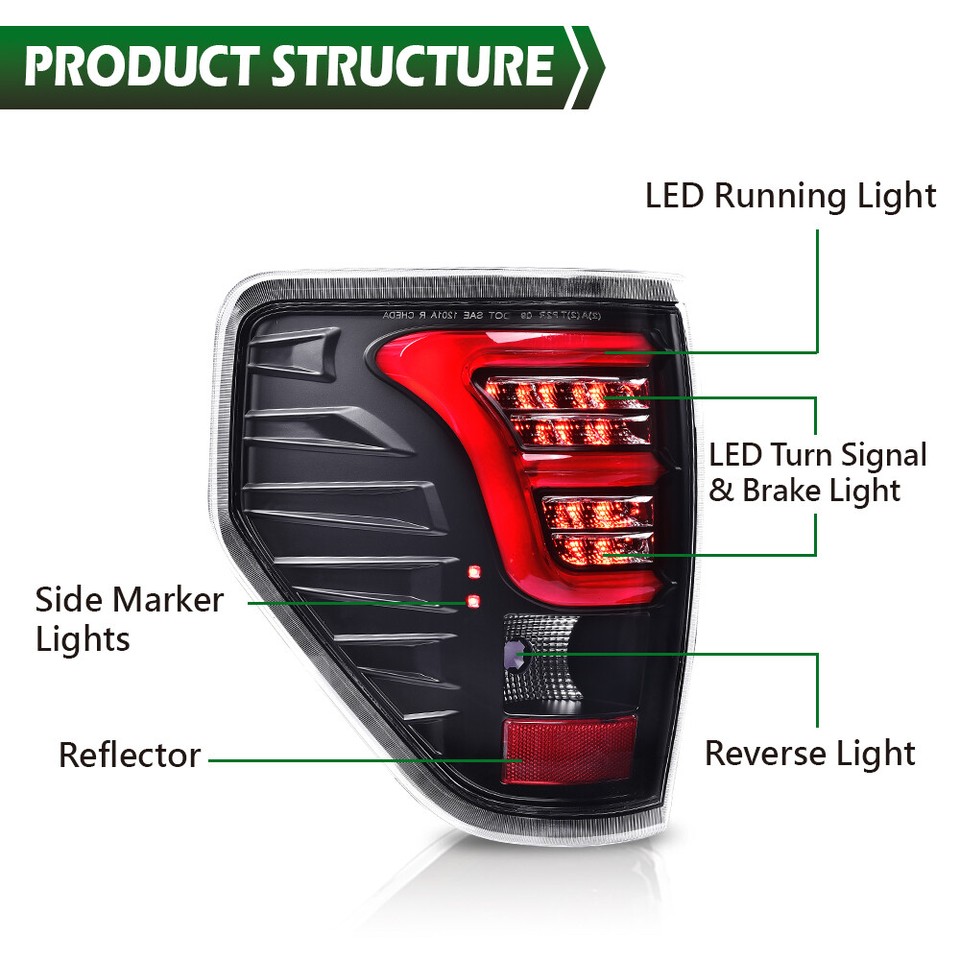 Fit For 2009-2014 Ford F-150 Red/Black LED Tube Tail Lights Brake Lamps ...