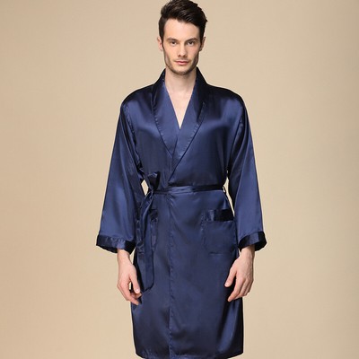 Two-Piece Suit Men's Satin Bathrobe +Shorts Long-Sleeved Sleepwear ...