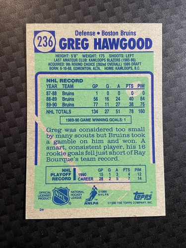 NM Greg Hawgood #236a 1990-91 Topps Boston Bruins | eBay