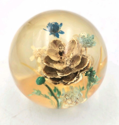 Art Glass Paperweight Orb Pine Cone Floral Blue Brown Decor | eBay