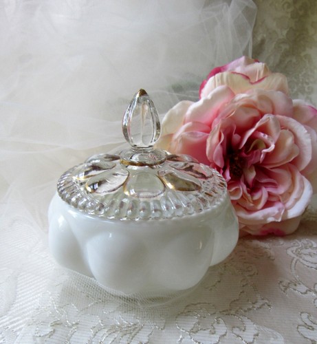 Powder Jar,Vintage Fenton,White Overlay,Gold Trim,Powder Box,Cottage ...
