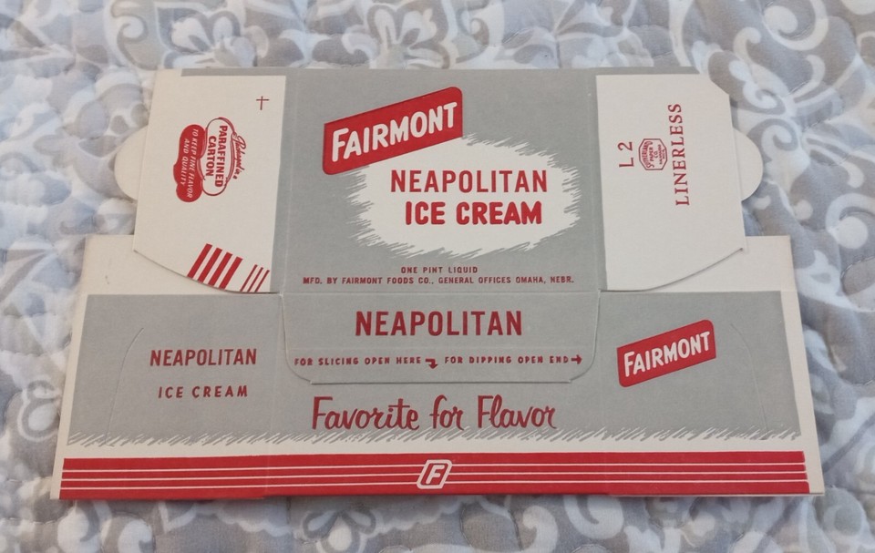 1950s FAIRMONT "Neapolitan" ICE CREAM One Pint PACKAGE BOX...NOS & MINT ...