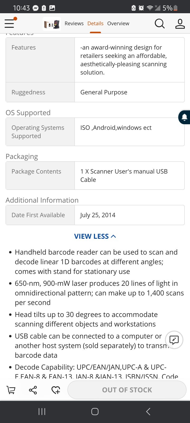 Tao Advanced Omnidirectional Barcode Scanner TT-BS015 Class2 Laser650 ...