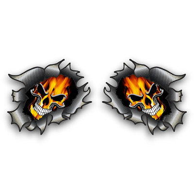 2x Small Orange Flames Skull Ripped Carbon Fibre Vinyl Sticker Decal ...