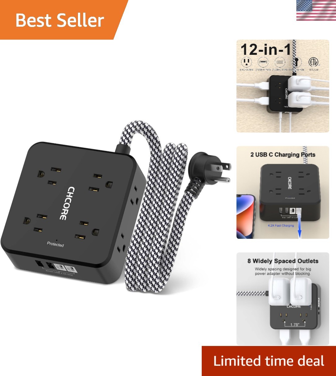 Compact Power Strip with USB Charging - 5Ft Cord, 8 AC Outlets, and 4 ...