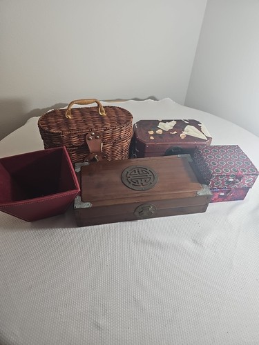 Vintage Asian Style Boxes And Knitting Supples With Wicker Basket And ...