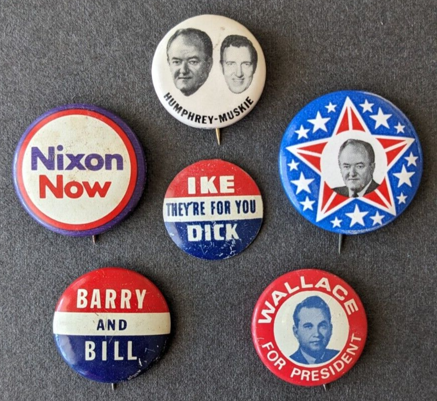 US Presidential Buttons (6) - Ike; Humphrey; Nixon; Wallace; Goldwater ...