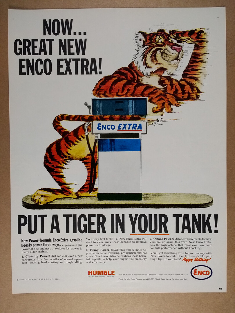 1964 Enco Extra Gasoline tiger gas pump art Humble Oil vintage print Ad ...