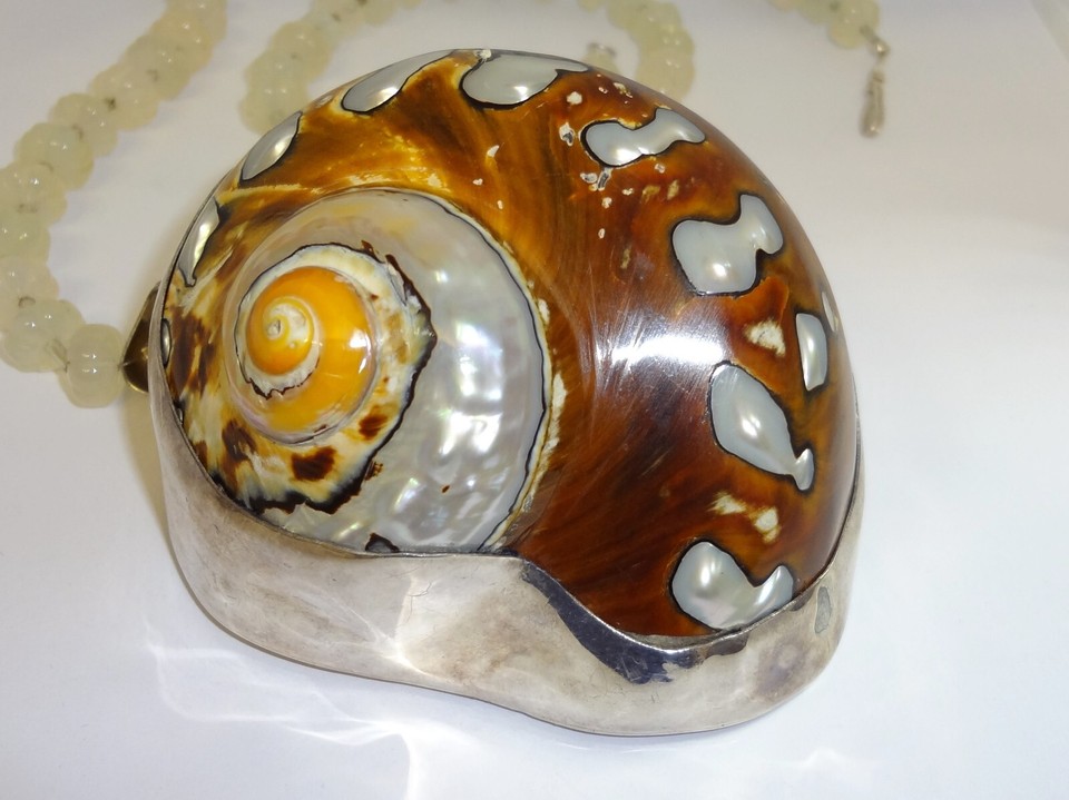 Gorgeous Large Sterling Silver Cased Shell Pendant Quartz Melon Beaded ...