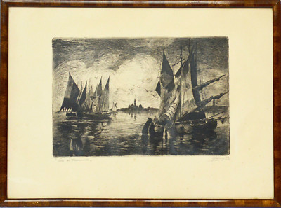 Original Radierung handsigniert Meer Schiffe Boote Seefahrt Hafen Stadt ...