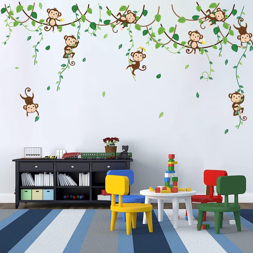 Monkey Climbing Tree Wall Decals Jungle Animals Wall Stickers Kids Room ...