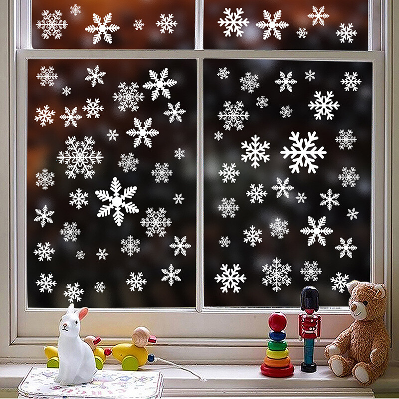 72 Large&Small Christmas Snowflake Window Stickers Silver Shiny Wall ...