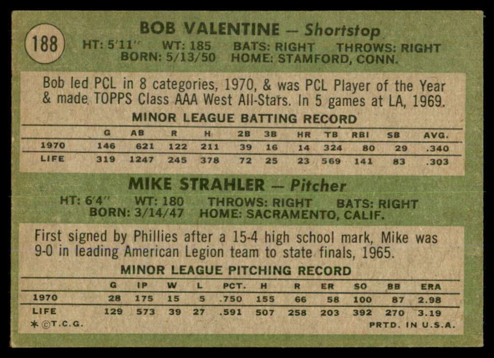1971 TOPPS BOB VALENTINE/MIKE STRAHLER DODGERS #188 ROOKIE RC EX-MT ...