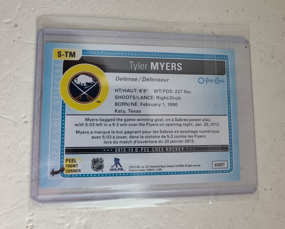2013-14 O-Pee-Chee Hockey Stickers #S-TM Tyler Myers | eBay